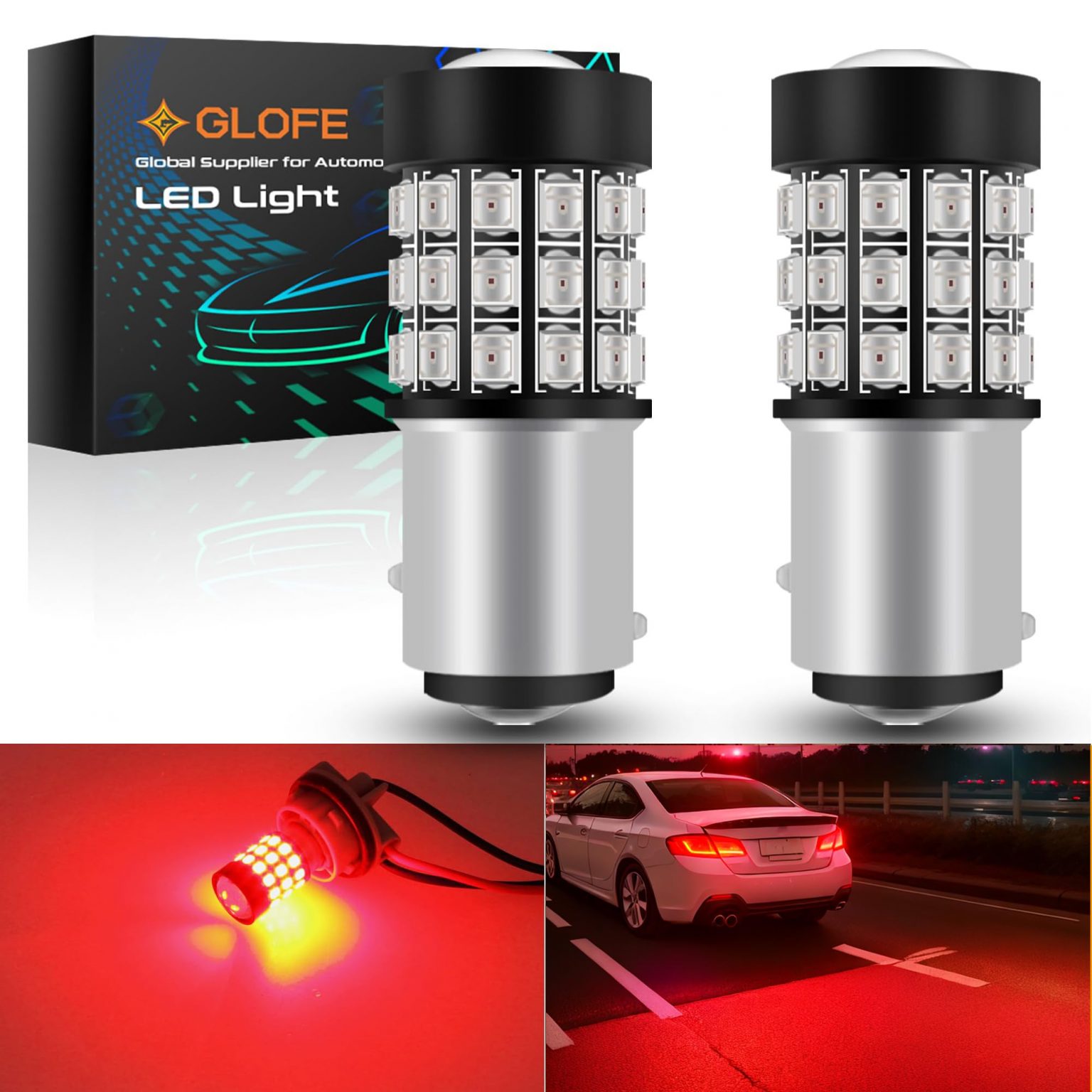 GLOFE 1157 BAY15D LED Strobe Flashing Brake Lights Bulb, Pure Red Super ...